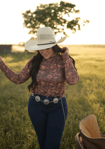 Turquoise Haven BROWN TOOLED MESH TOP — The Bronze Butterfly
